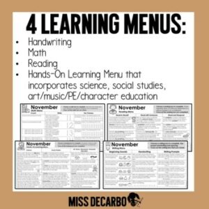 November Kindergarten At Home Menus Distance Learning - Miss DeCarbo