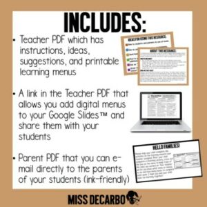November Kindergarten At Home Menus Distance Learning - Miss DeCarbo